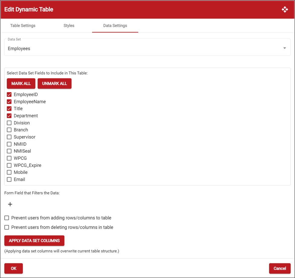Adding a Data Set to a Dynamic Table/Sub-Table