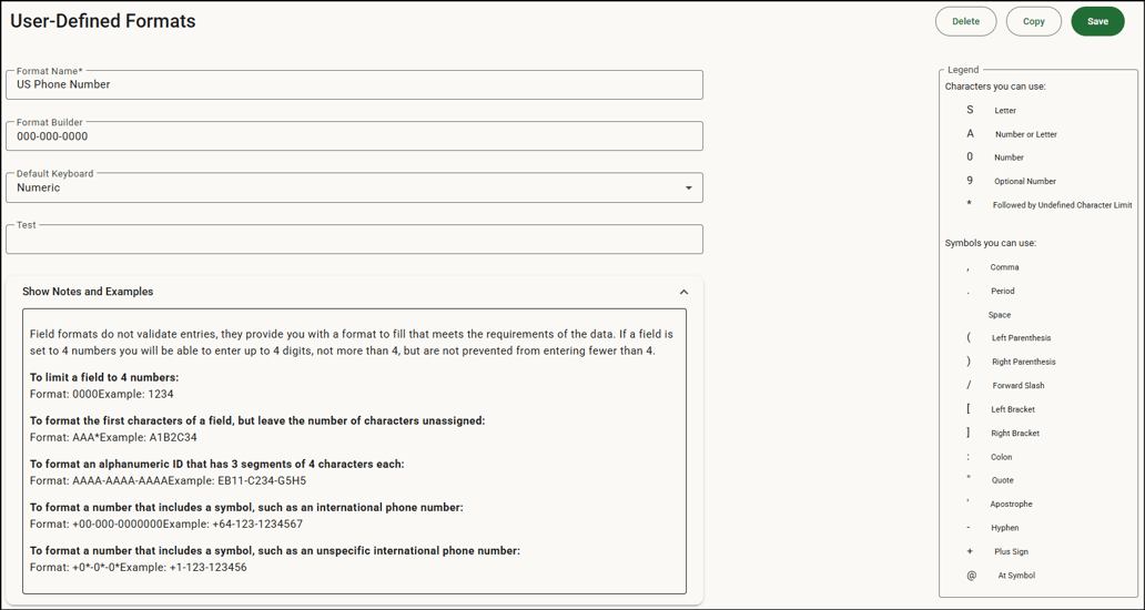 Using the User-Defined Formats Page