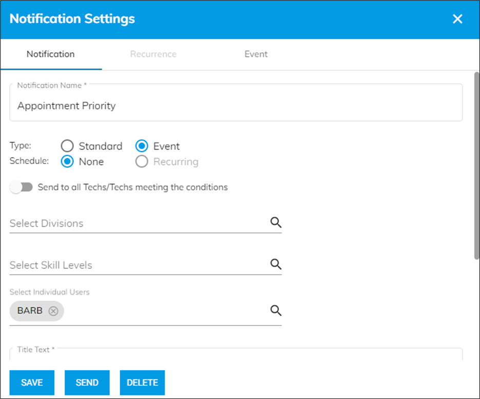 Using the Notification's Event Tab